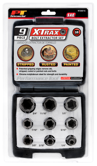 "Performance Tool W38916 3/8"" Dr. 9 Piece Bolt Extractor Set SAE ...