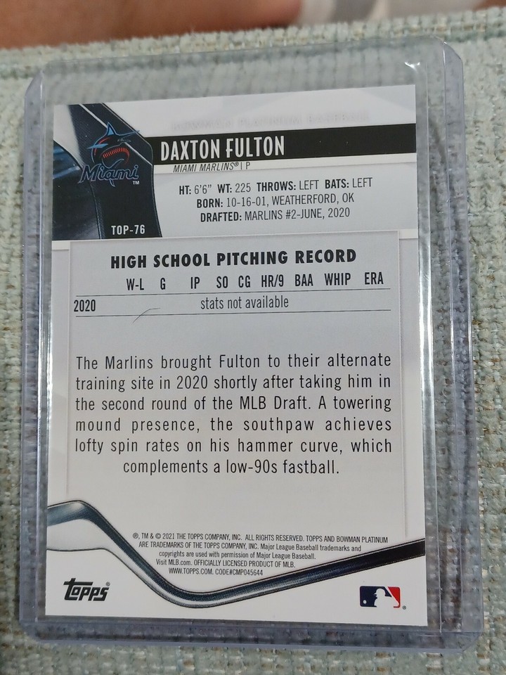 2021 Bowman Platinum - DAXTON FULTON - Ice Foil - Marlins #Top76 | eBay