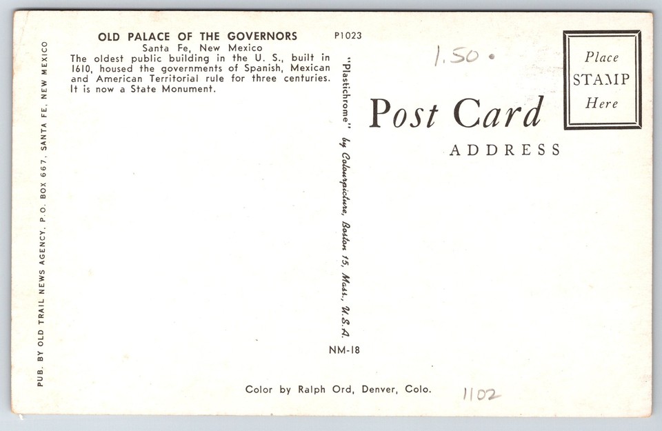 Santa Fe New Mexico~Old 1610 “Palace of the Governors”~1950s Postcard ...