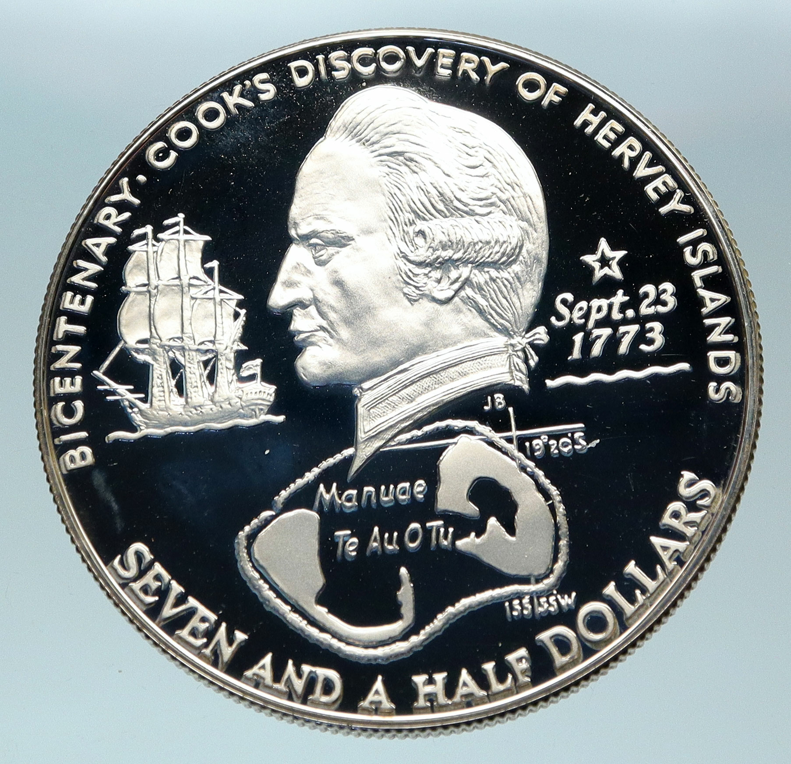1973 COOK ISLANDS Elizabeth II James Cook Proof Silver 7 1/2 Dollar ...