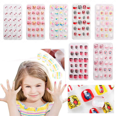 24Pcs Kids Childrens Girls Fake Stick Press On False Finger Nail Cover ...