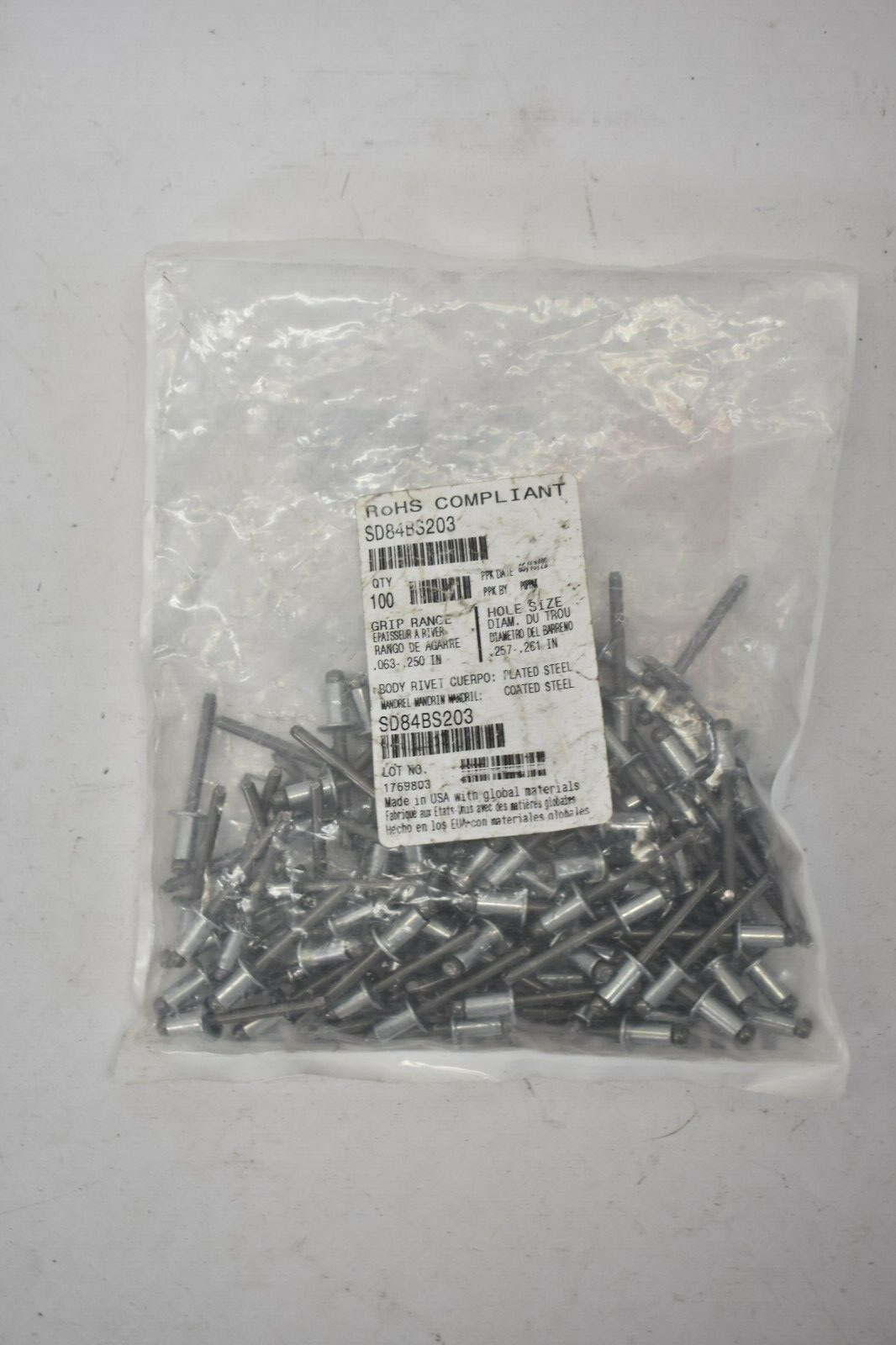 Lot of 100 Blind Body Rivets .063" To .250" Grip Range .257"-.261" Dia ...