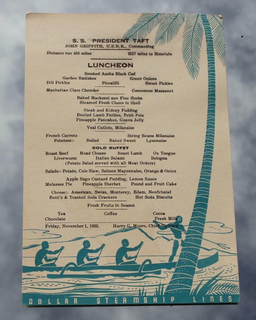 DOLLAR STEAMSHIP LINES SS PRESIDENT TAFT MENU 1935 ORIGINAL OCEAN LINER ...