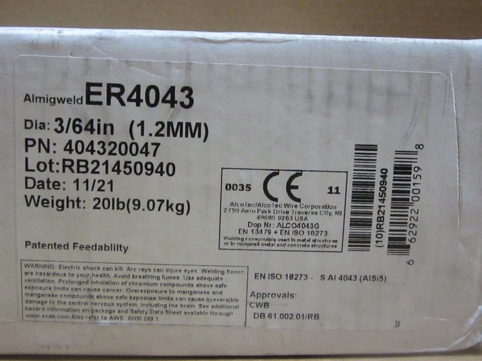 ALCOTEC ER 4043 3/64" 4043320047 ALUMINUM WELDING WIRE ALMIGWELD 20 LBS ...