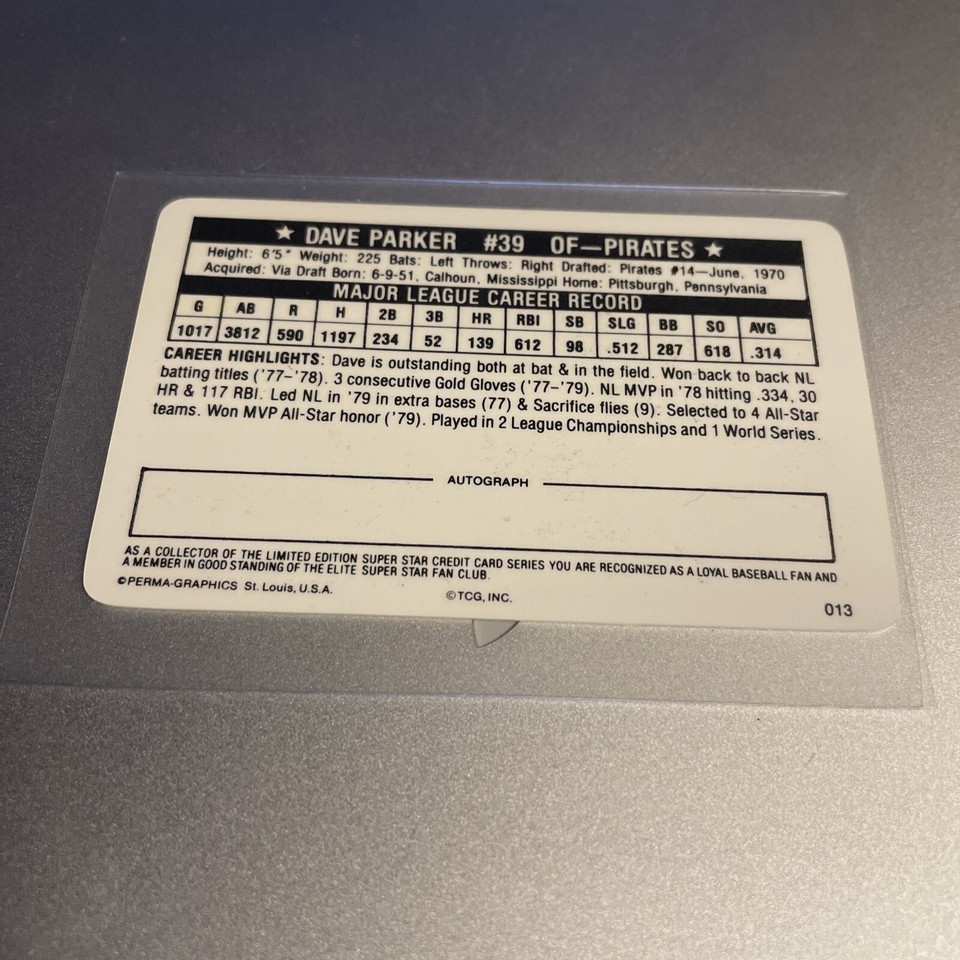 1981 Perma-Graphic Baseball Credit Card Dave Parker #39 (PH1) | eBay