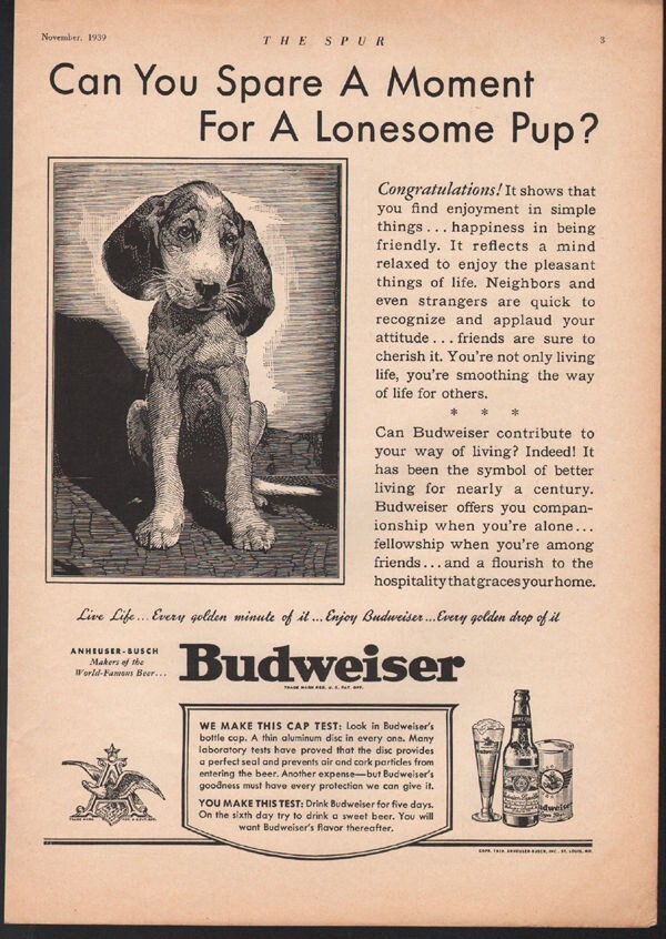 1939 ANHEUSER BUSCH BUDWEISER BEER PUPPY DOG ALCOHOL BOTTLE BREWERIANA ...