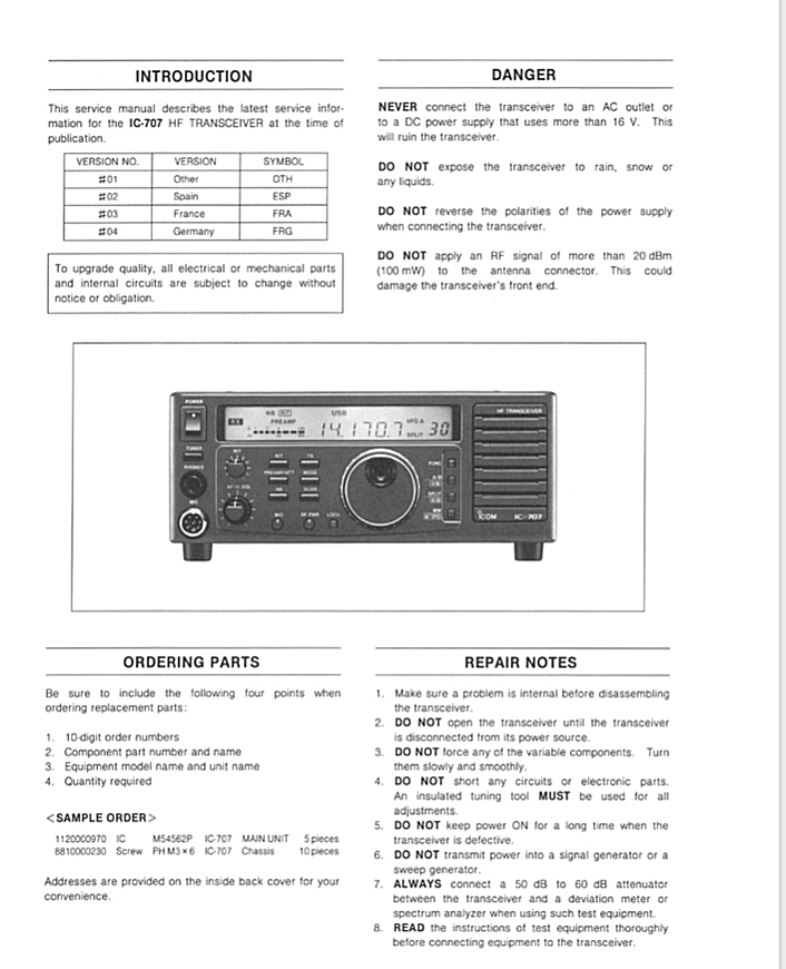 ICOM IC-707 Transceiver FULL (72 Page) SERVICE MANUAL - FREE SHIPPING ...
