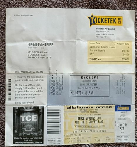 Bruce Springsteen complete ticket Sydney 19th Feb 2014 | eBay