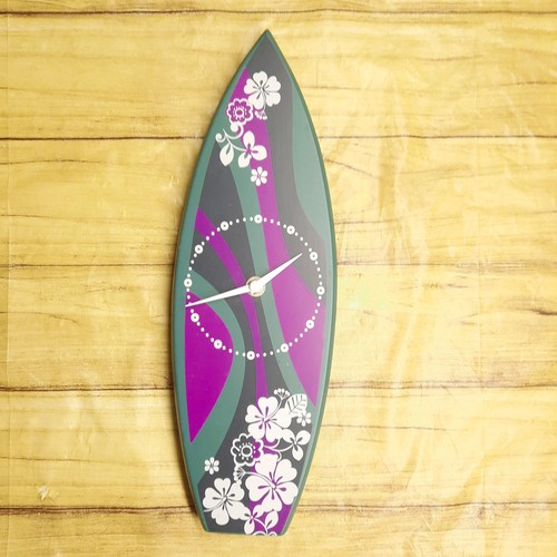 Clock Wall Mount Surfboard Floral Green White 14” H X 4.5” W Tested and ...