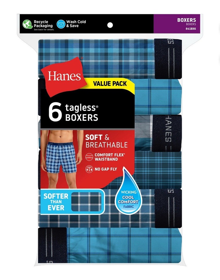 6-Pack HANES Men's 3XL Woven Tagless Boxers Soft Breathable Wicking ...