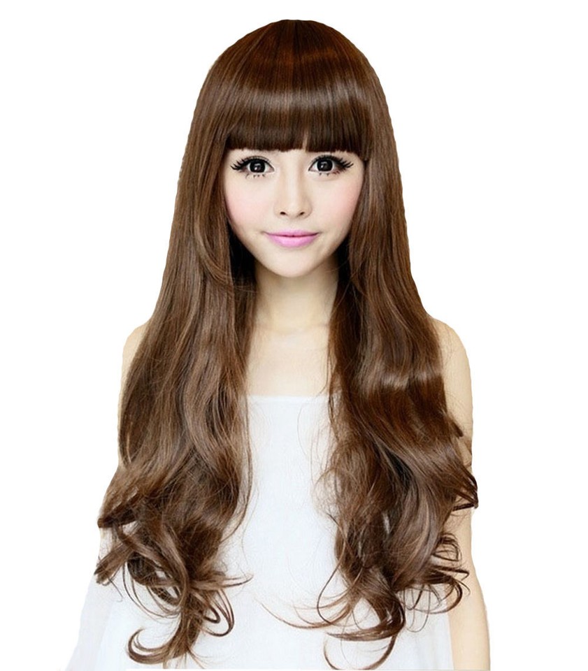 Fashion Long Brown Straight Fluffy Curly Neat Bangs Women Hair Wig Wigs ...