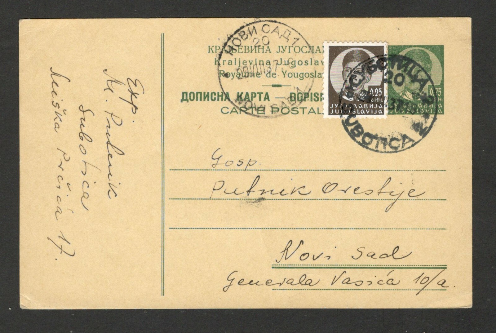 YUGOSLAVIA-SERBIA - POSTCARD - SUBOTICA TO NOVI SAD - STATIONERY - 1937 ...