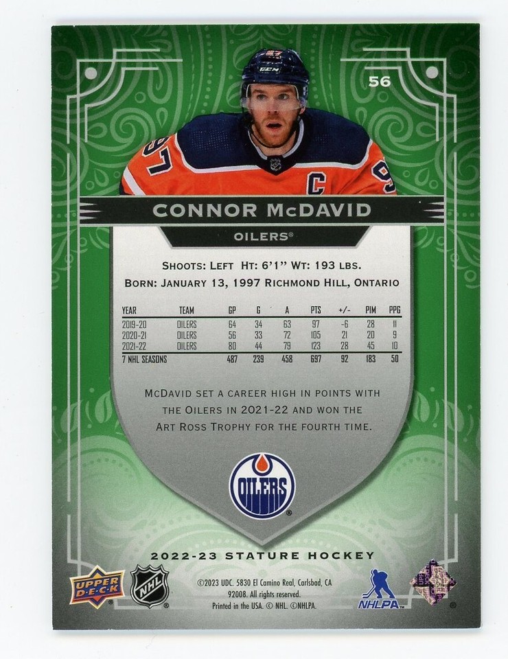 2022 -23 Upper Deck Stature Connor McDavid Green #ed/99 Edmonton Oilers ...