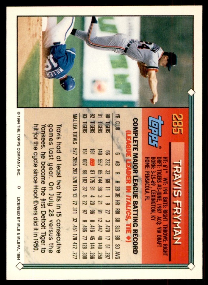 1994 Topps Gold Travis Fryman Baseball Cards #285 | eBay