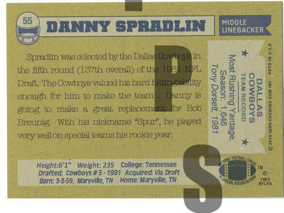 1982 STCC #55 Topps Danny Spradlin Dallas Cowboys Tennessee Volunteers ...