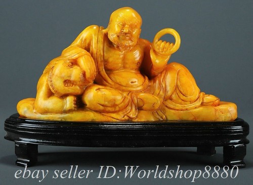 10.8" Old Chinese Tianhuang Shoushan Stone Carved Tiger Beast Lohan ...