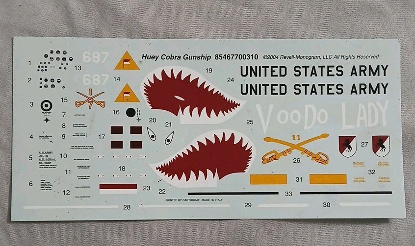 2004 Revell Monogram Bell AH-1G Cobra Helicopter 1/32 Model Kit Decals ...