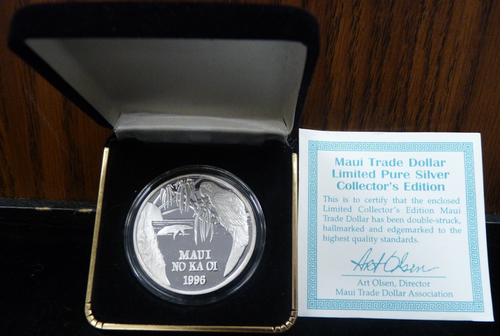 1996 Proof 1 oz .999 Silver Maui Hawaii Trade Dollar Parrot w/ Box ...