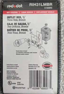 Red Dot RIH31-LMBR Outlet Box, 1/2" Three Hole, Bronze S100BRE Sealed ...