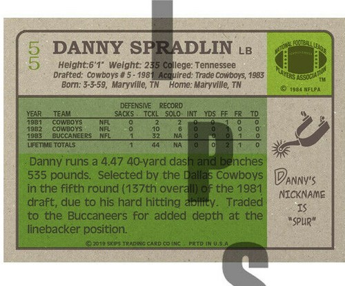 1984 STCC #55 Topps Danny Spradlin Tampa Bay Buccaneers Tennessee ...