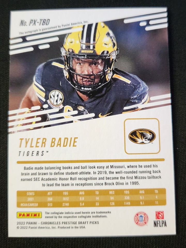 2022 Panini Chronicles Prestige Draft Picks - Tyler Badie RC Auto - #PX ...