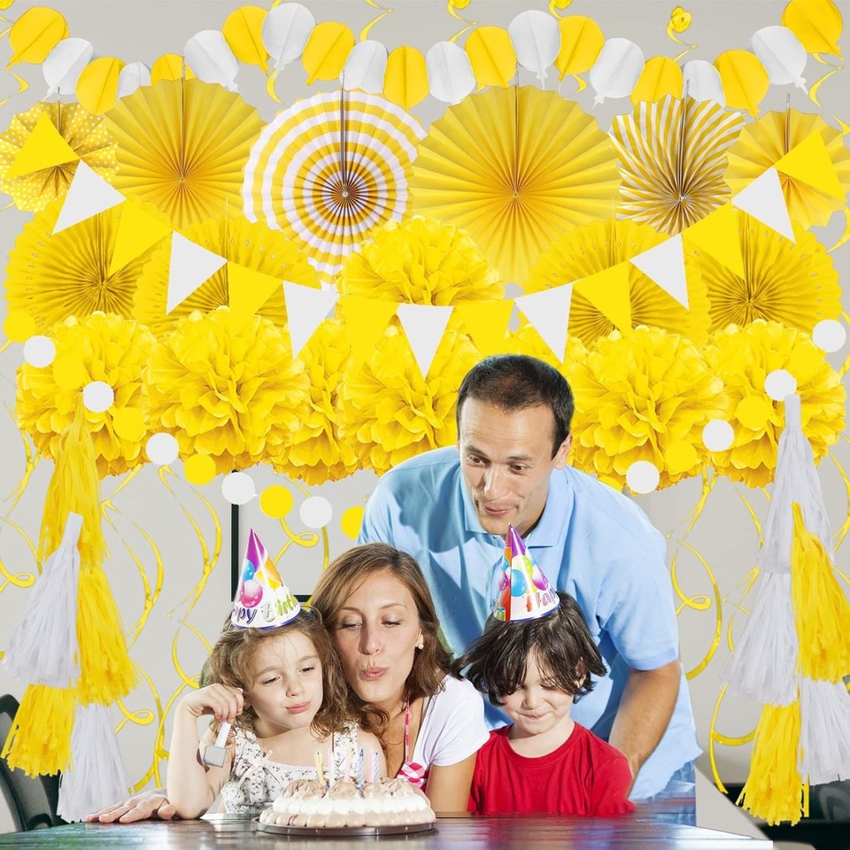 Party Decorations, 41 Pcs Yellow Papar Fans Pompoms Garlands String ...