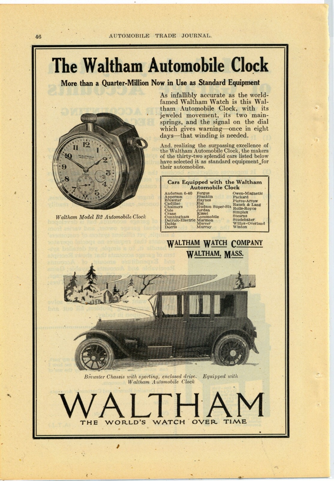 1919 Waltham Automobile Clock Co. Ad: Brewster Automobile Pic Featured ...