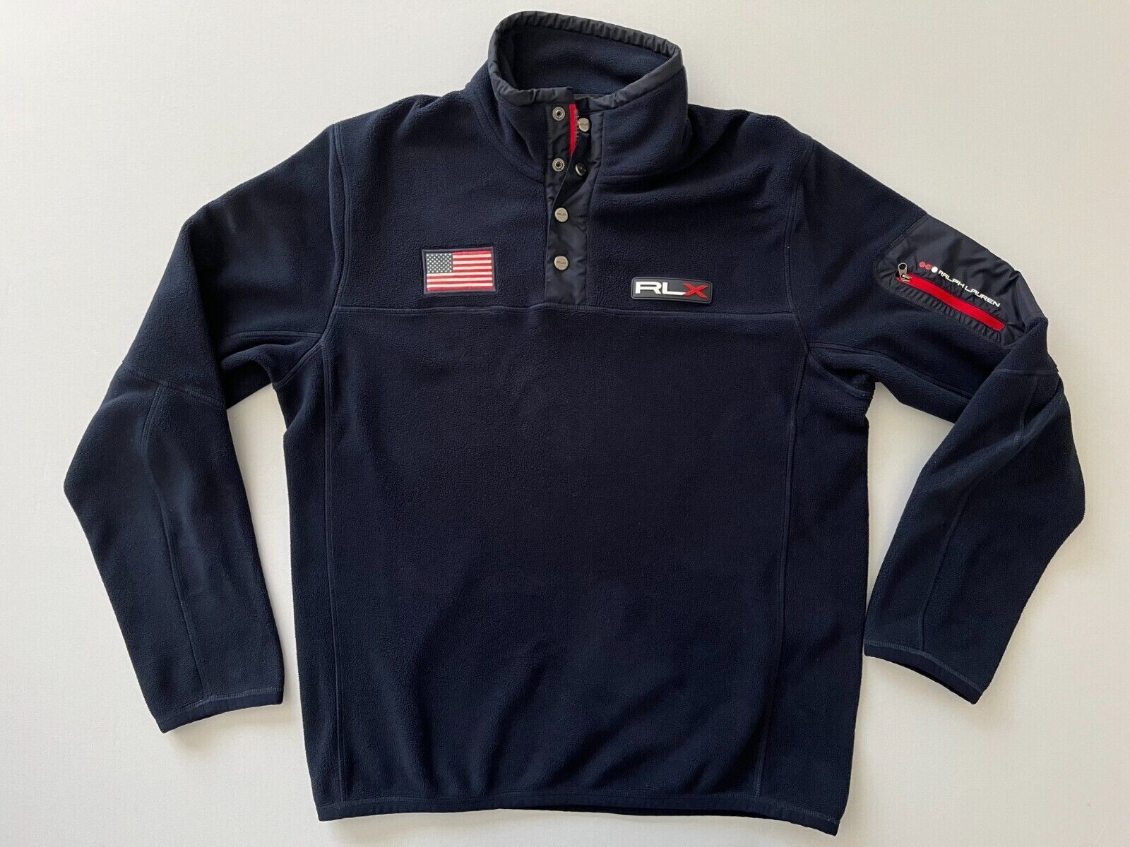 RLX Ralph Lauren 1/4 Snap Pullover Fleece Blue Mens Sz XL USA Flag GUC ...