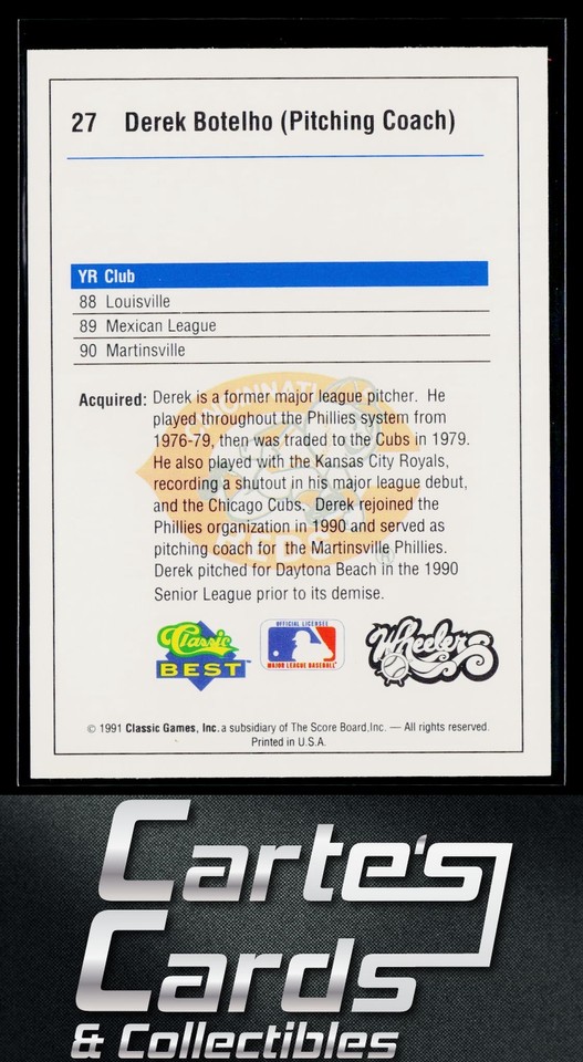 Derek Botelho 1991 Classic Best Charleston Wheelers #27 Cincinnati Reds ...