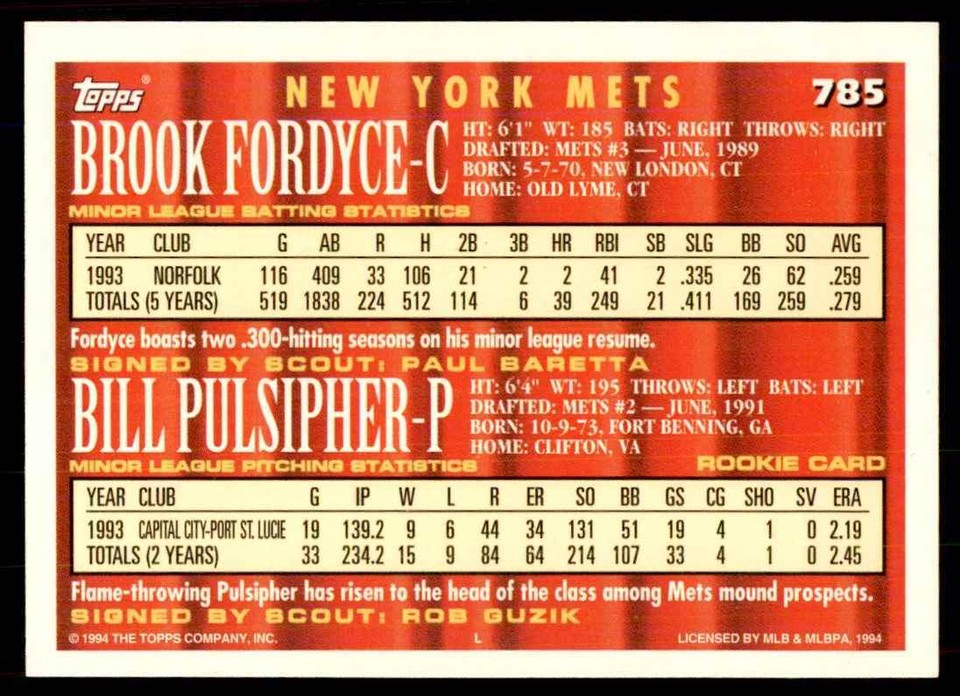 1994 Topps Brook Fordyce/Bill Pulsipher Baseball Cards #785 | eBay