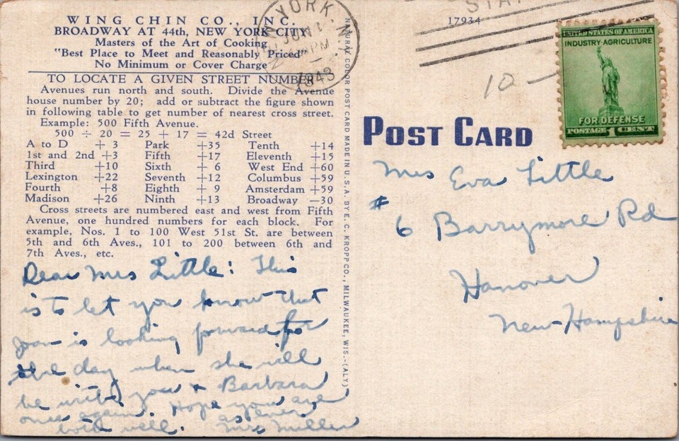 Wu Chin Chin's Restaurant Interior NYC Guide To Street Numbers postcard ...