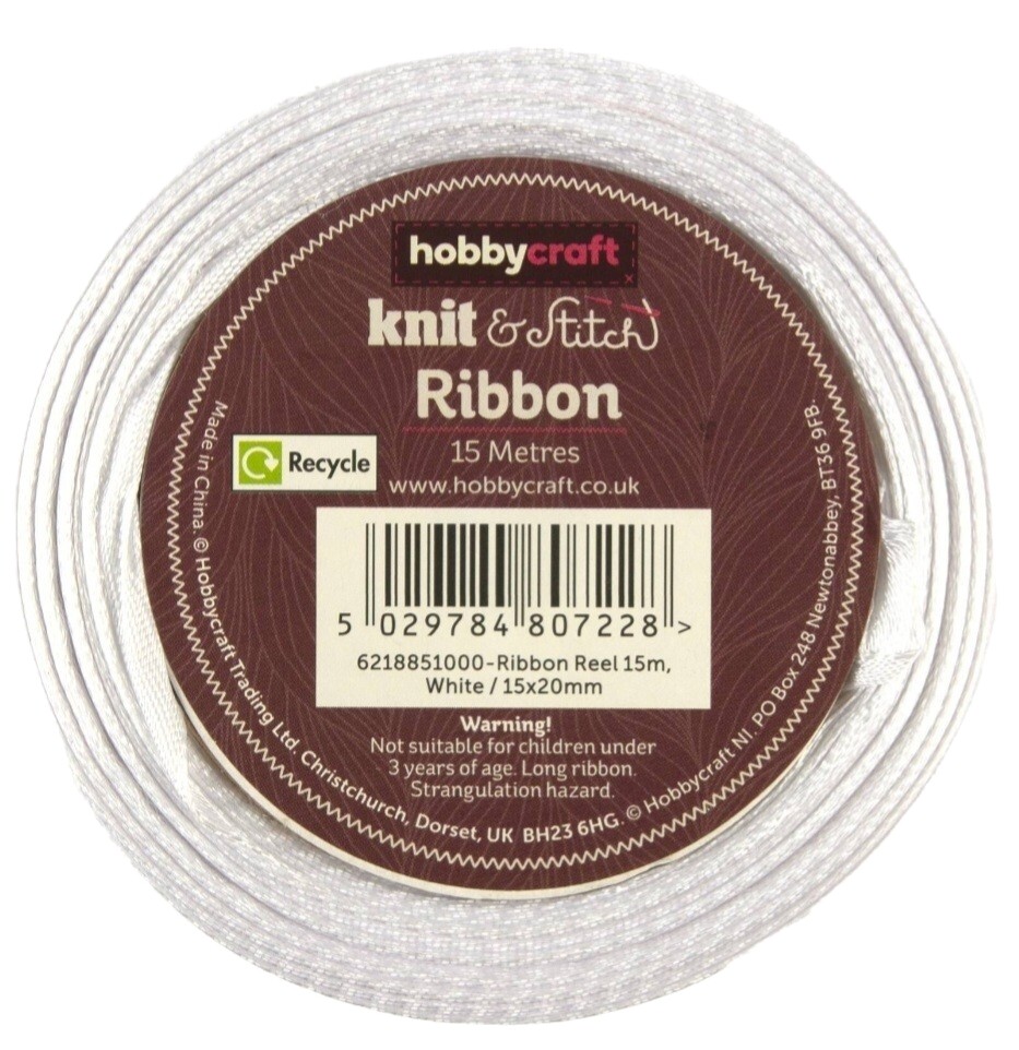 White Hobbycraft Knit & Stitch Ribbon 15 Meters Long X 2cm Wide. for ...