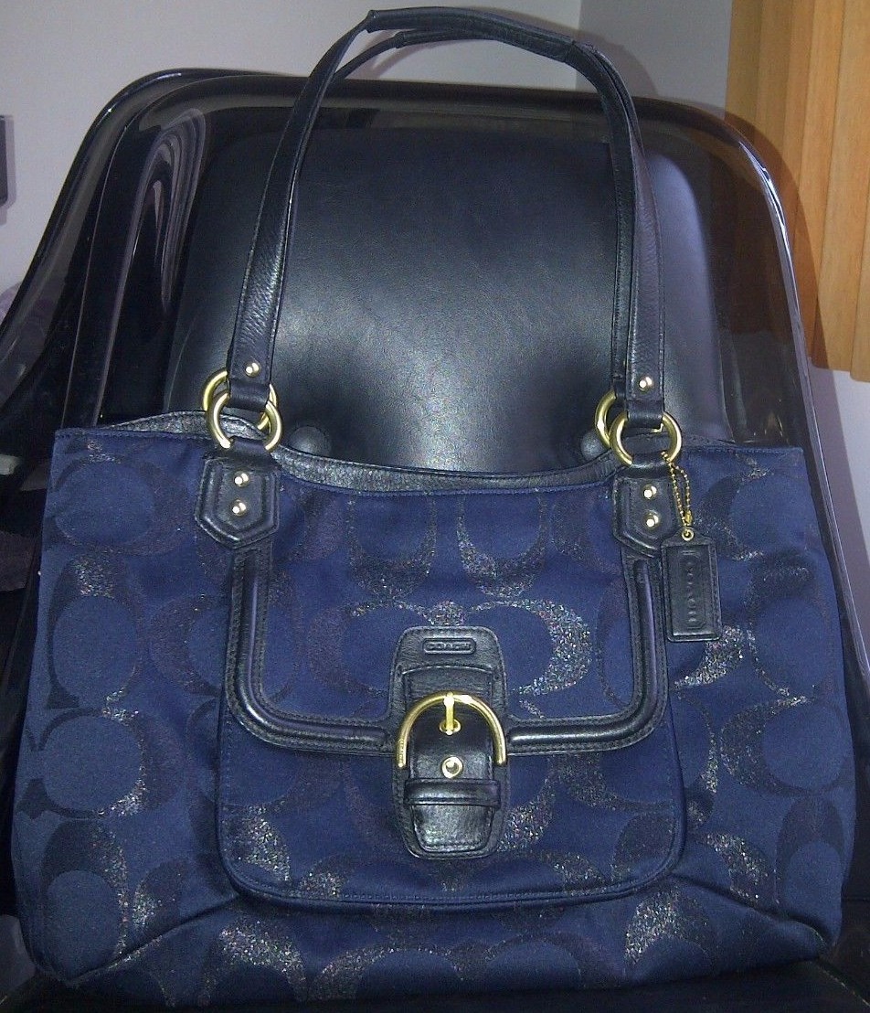 AUTH COACH CAMPBELL SIGNATURE METALLIC TOTE BAG PURSE F26246 NAVY $378 ...