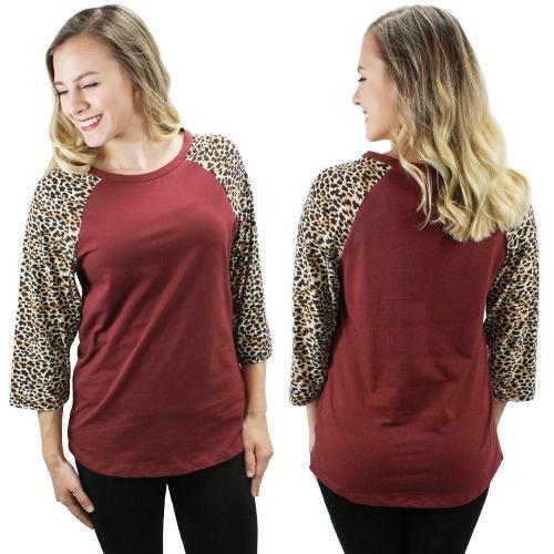 Maroon Raglan with Leopard Print 3/4 Sleeves | eBay
