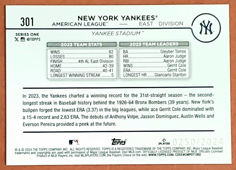 New York Yankees 2024 Topps Series 1 #301 Gold Team Card /2024 Judge ...