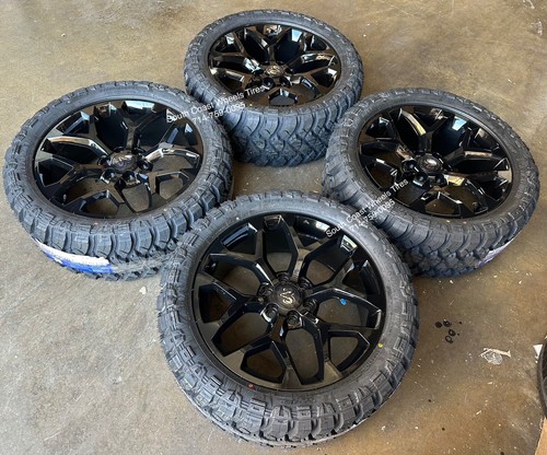 22” DODGE RAM 6lug 6X139.7 SNOWFLAKE BLACK WHEELS 33” Mud MT Tire ...