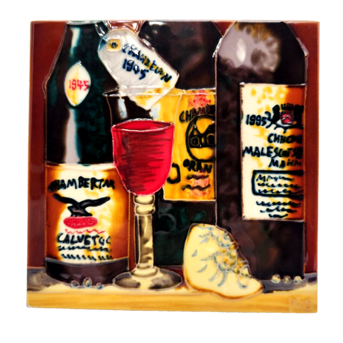 Ceramic Tile Wall Art Wine Themed 8"x8" Hand Painted Signed Artist Ping ...