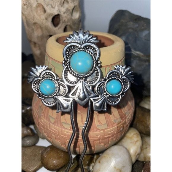 TURQUOISE WESTERN HAIR PIN STICK BARRETTE JEWELRY NATIVE AMERICAN ...