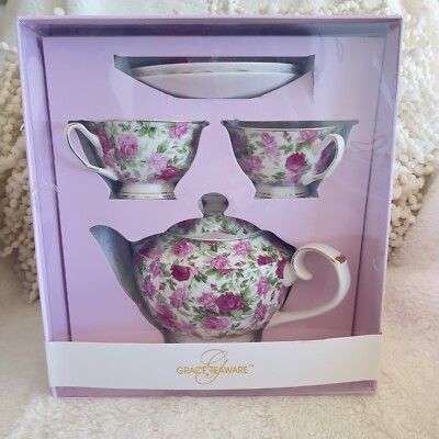 Grace Teaware Fine Porcelain 5 Piece Tea Set Red Pink Roses Gold Trim ...