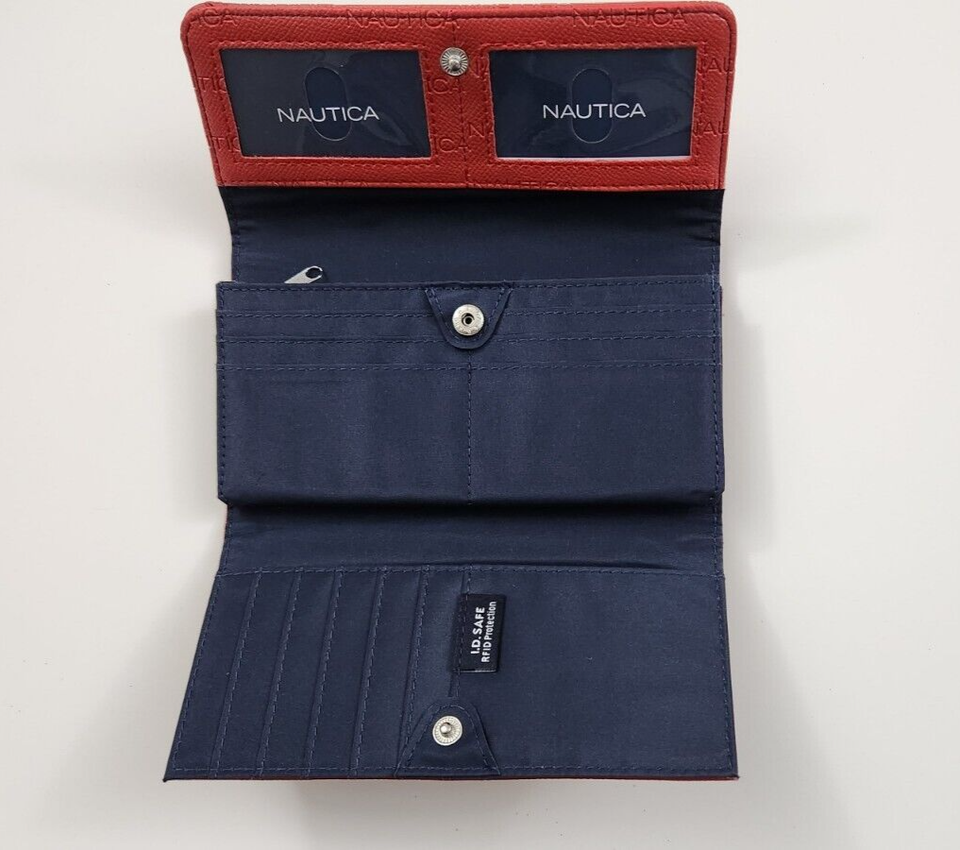 NAUTICA Clutch Wallet Red w/ Silver Logo Pebble Leather RFID Money ...