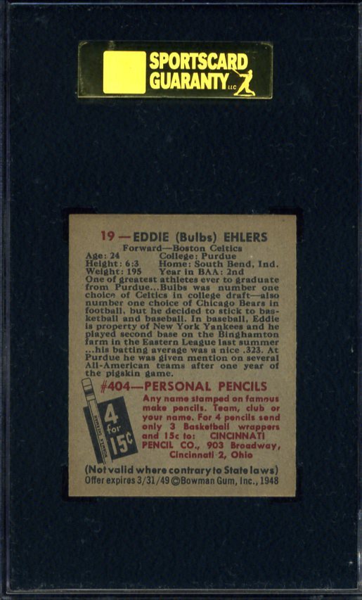 1948 Bowman EDDIE "BULBS" EHLERS #19 Boston Celtics - SGC 96 / 9 - LOW ...