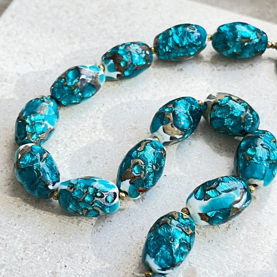 Vintage Miriam Haskell Turquoise Foiled Venetian Art Glass Bead Collar ...