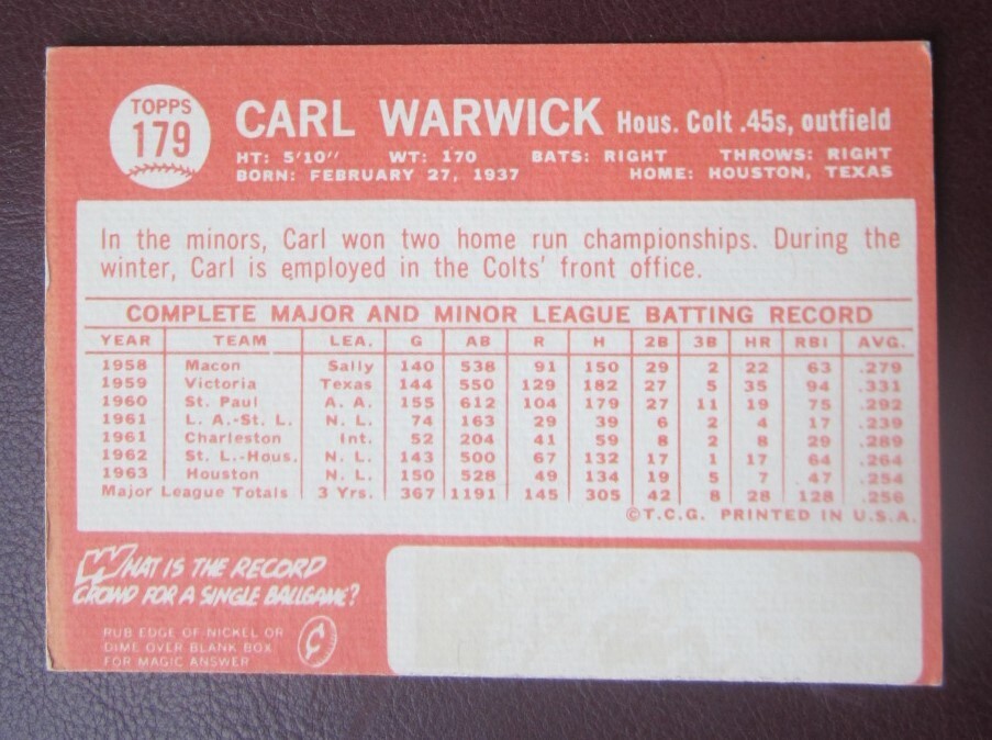 1964 Topps Carl Warwick (Houston Colt .45s) #179 EX/NRMT | eBay