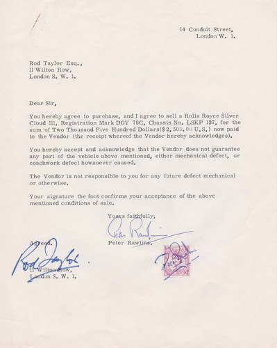 Rod Taylor Autograph, Original Hand Signed Sale of Silver Cloud 111 ...