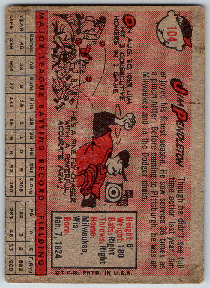 1958 Topps JIM PENDLETON #104 Pittsburgh PIRATES poor Fast FREE Ship ...