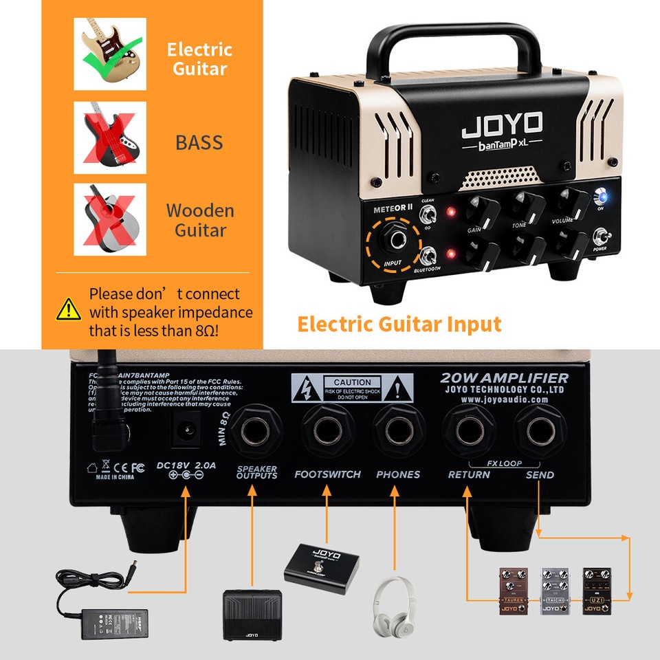 JOYO Mini Amp Head 20W Preamp 2 Channel Hybrid Tube Guitar Amplifier ...