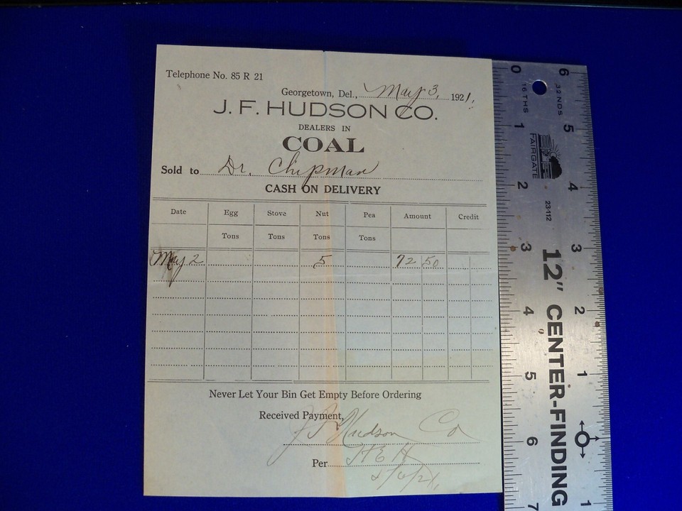 Vtg 1921 GEORGETOWN Delaware JF HUDSON Co COAL Low Ph # LETTERHEAD adv ...