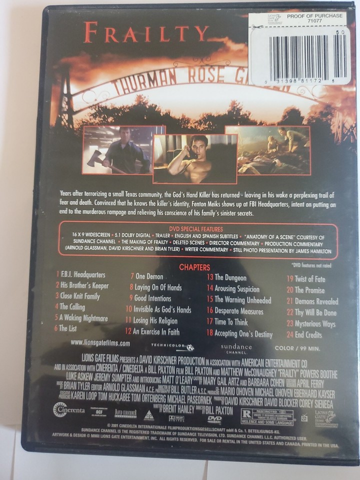 Frailty DVD Bill Paxton DIR 2001 31398811725 | eBay