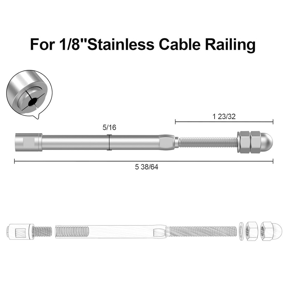 10 Pack 1/8" Swageless Threaded Stud Tension Terminal fo 4x4 2x2 Wood ...