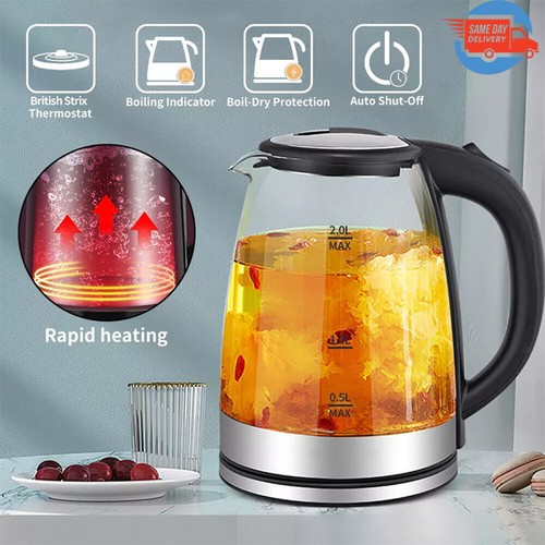 2L Electric Kettle Glass Fast Boil Quiet with Blue LED Boil-Dry ...